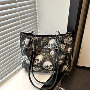 Wholesale Skull Flower Print Canvas Tote Bag with Metal Chain For Women ...