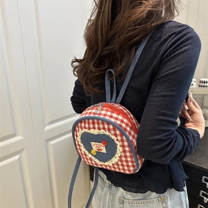 Wholesale Mini Red Plaid Backpack With Heart Lace Denim Decor - Everful