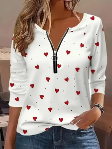 Wholesale Women Fashion Color Block Polo Shirt Heart Print V-Neck Top ...