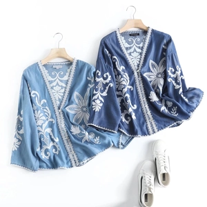 Wholesale Floral Embroidery Denim Shirt with Lace Trim For Women - Everful