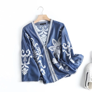 Wholesale Floral Embroidery Denim Shirt with Lace Trim For Women - Everful