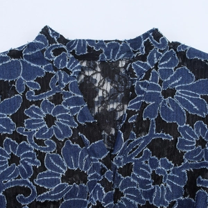 Wholesale Denim Floral Applique Lace Mesh V-Neck Crop Top - Everful