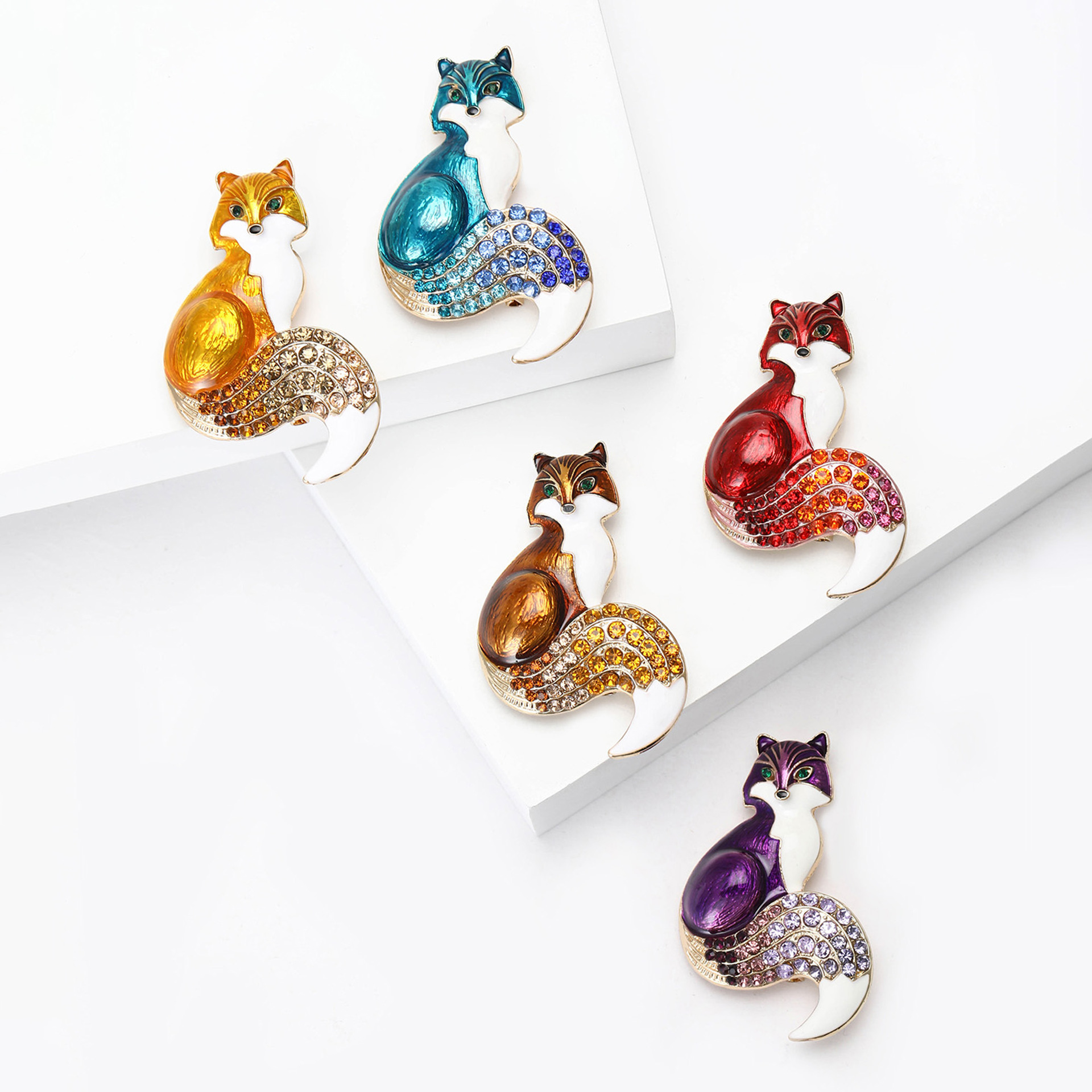 Wholesale Elegant Alloy Enamel Fox Brooch With Gradient Rhinestones ...