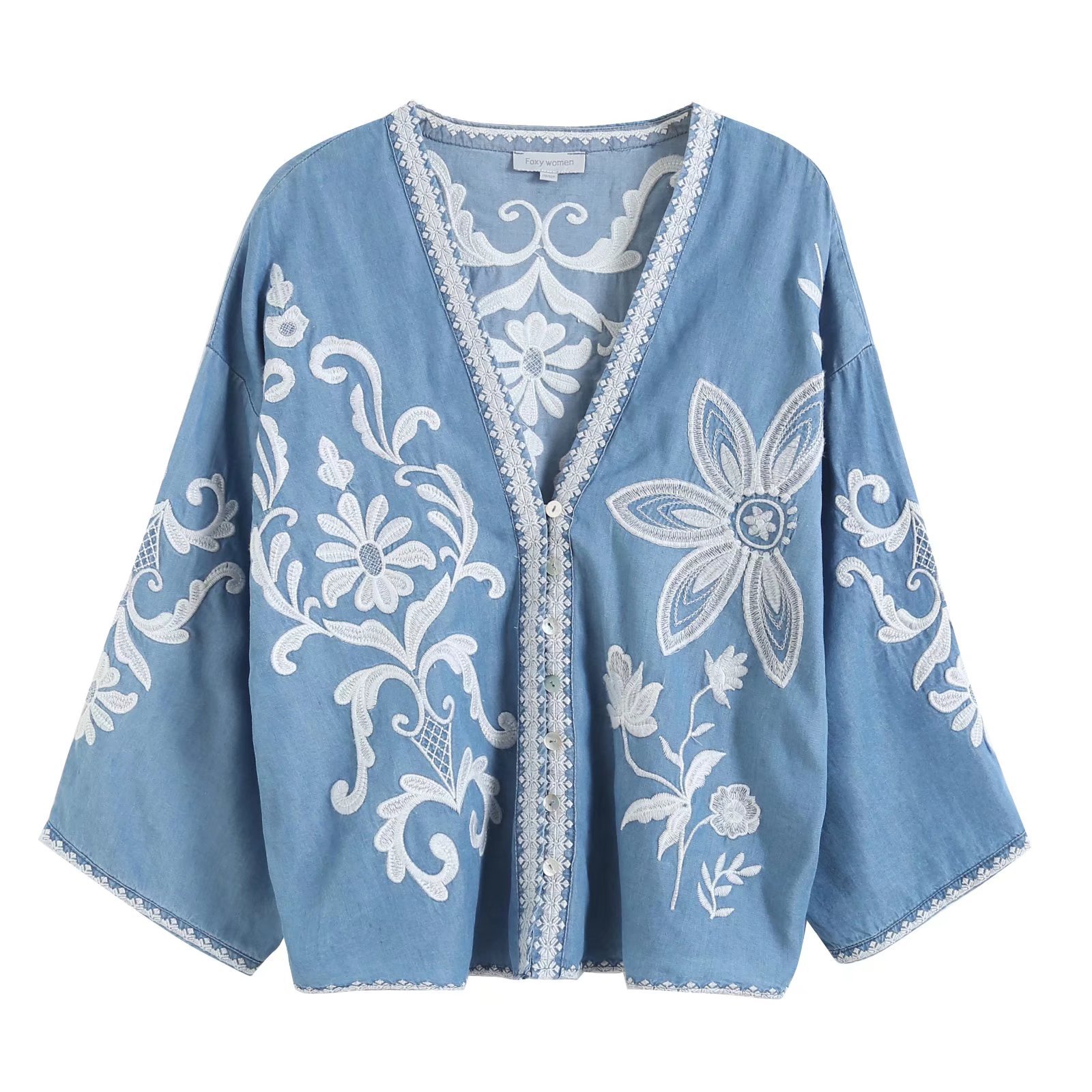 Wholesale Floral Embroidery Denim Shirt with Lace Trim For Women - Everful