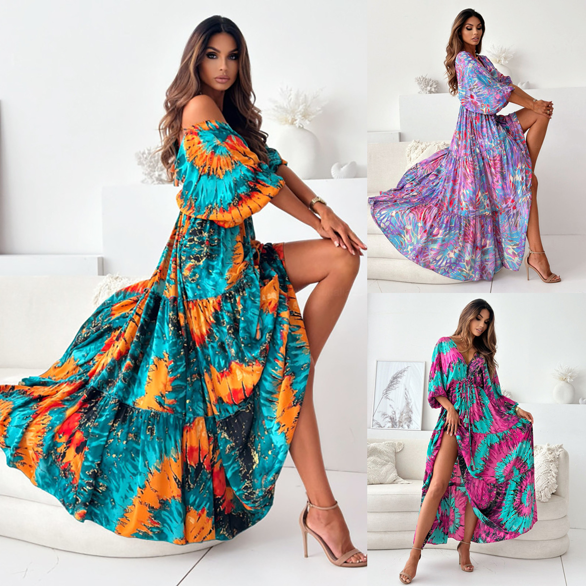 Wholesale Women Bohemian V Neck Abstract Print Lantern Sleeve Maxi ...