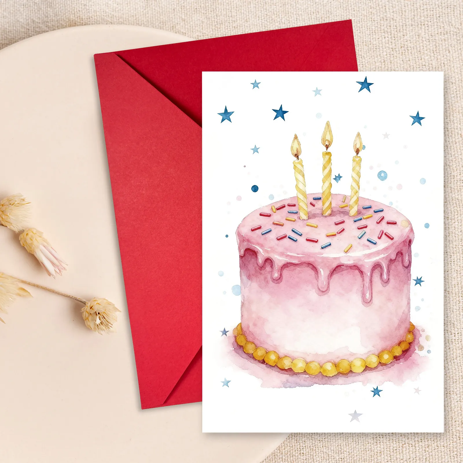 Wholesale Watercolor Birthday Cake Greeting Card Set With Red Envelopes ...