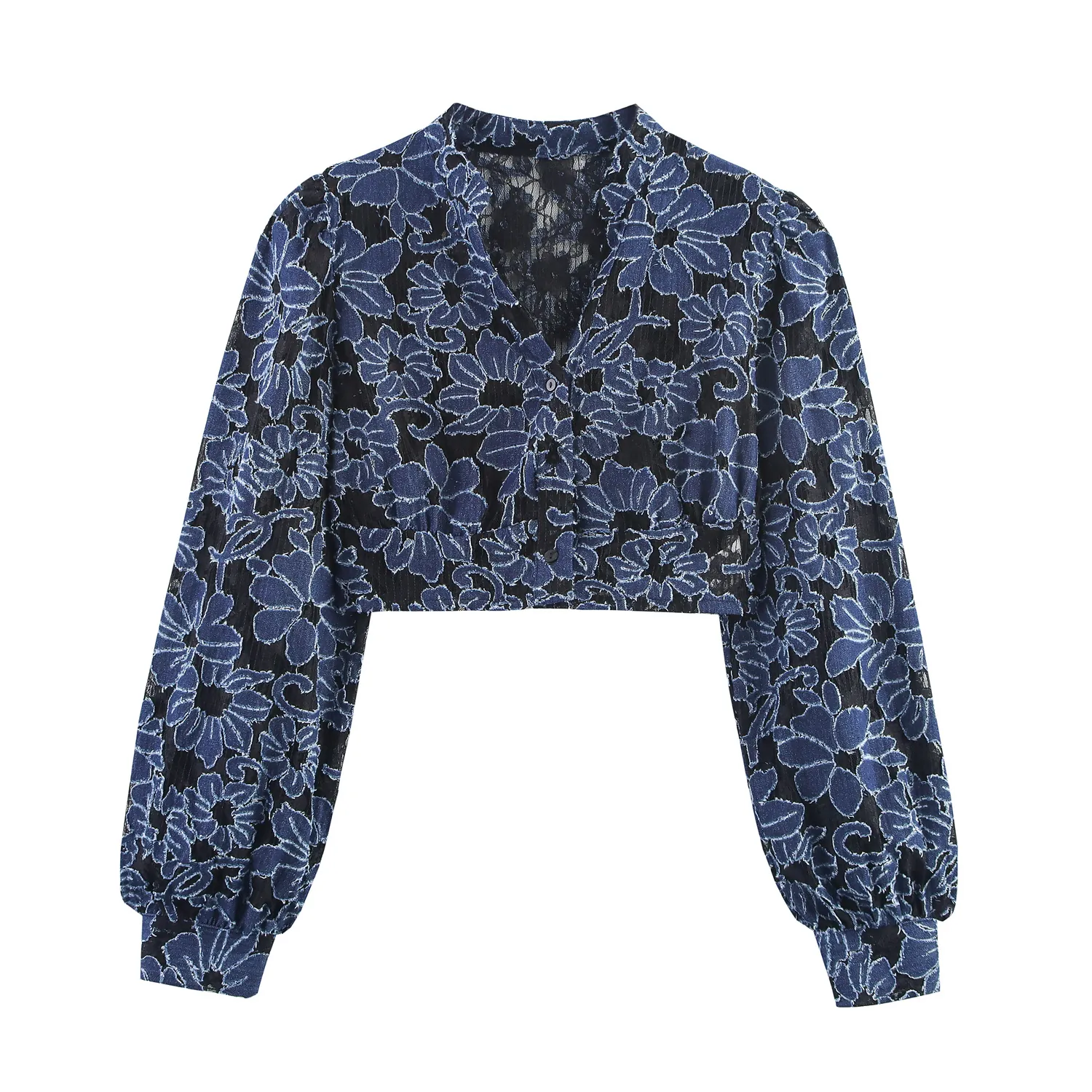 Wholesale Denim Floral Applique Lace Mesh V-Neck Crop Top - Everful