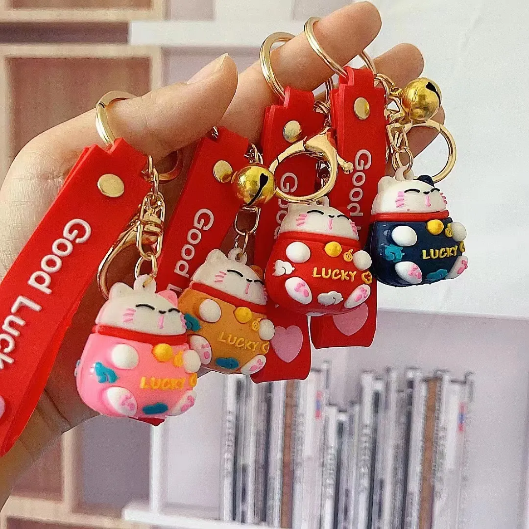 Wholesale Cute Silicone Lucky Cat Keychain With Bell Pendant - Everful